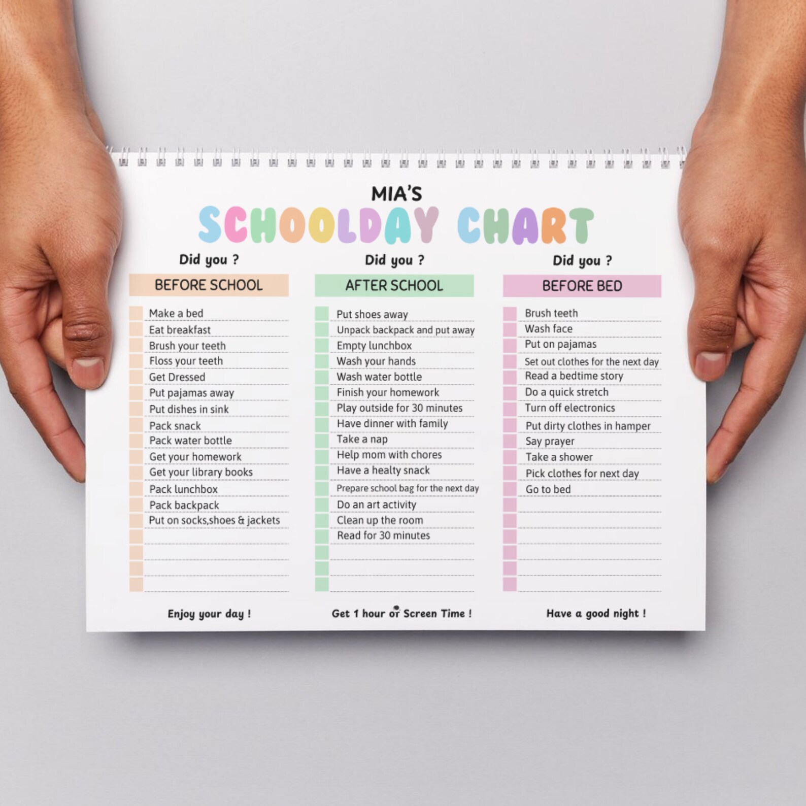 Editable Kids School Day Checklist: Morning, After School, Bedtime ...