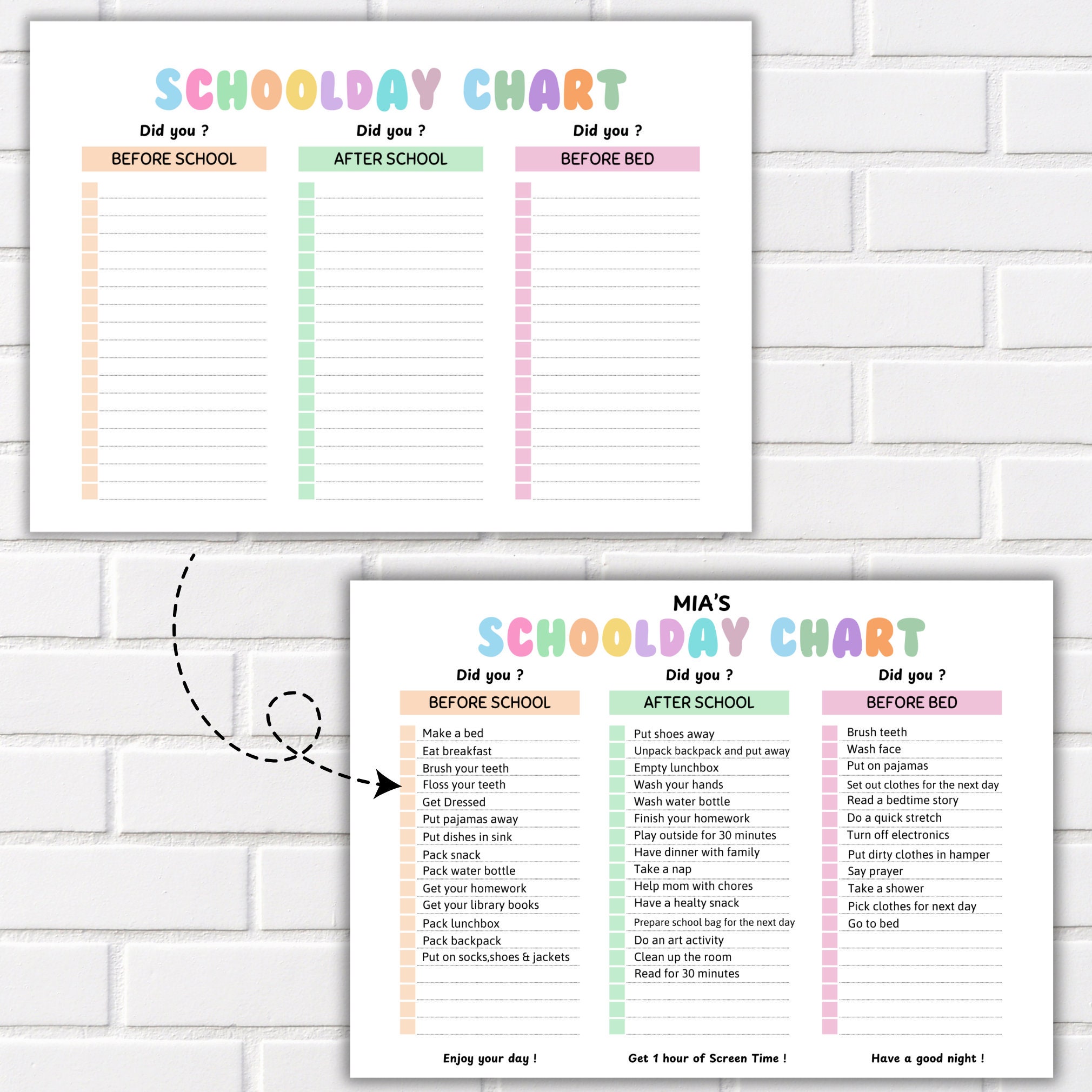 Editable Kids School Day Checklist: Morning, After School, Bedtime ...