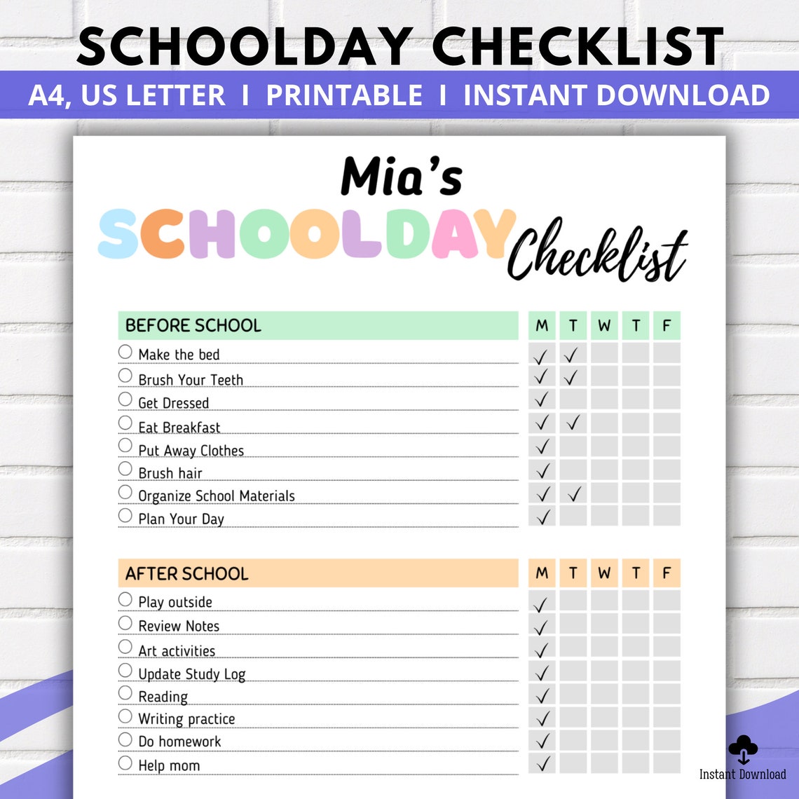 Editable Schoolday Checklist, Daily Routine Chart, Kids Chore Chart ...