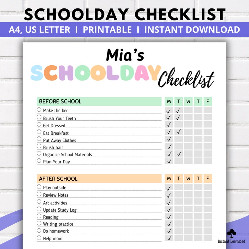 Editable Kids School Day Checklist: Routine Chart (digital Download) - Etsy