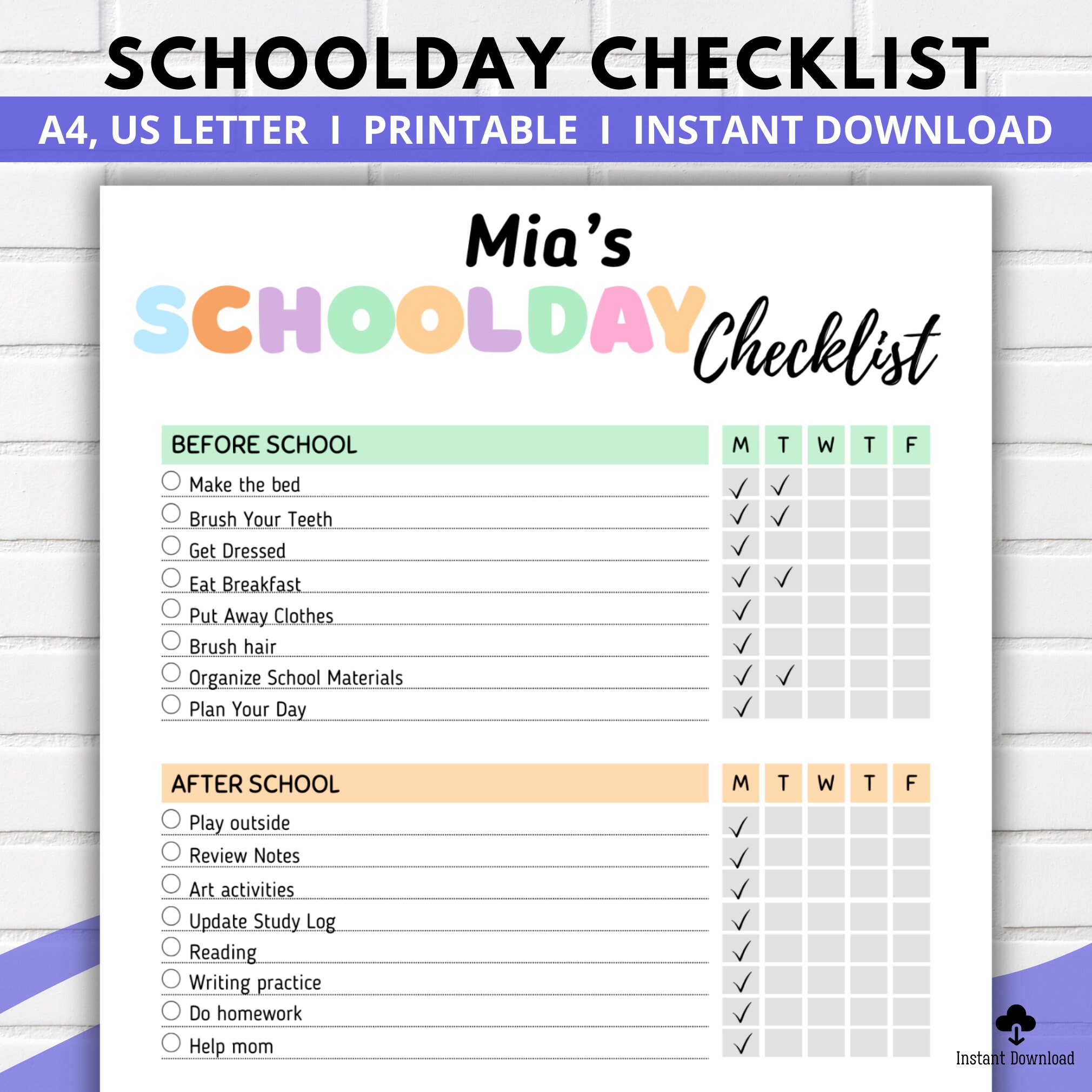 Editable Schoolday Checklist, Daily Routine Chart, Kids Chore Chart ...