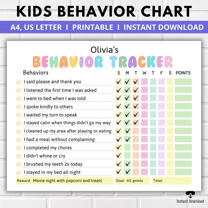 Behavior Reward Chart for Kids, Good Behavior Tracking, Children ...