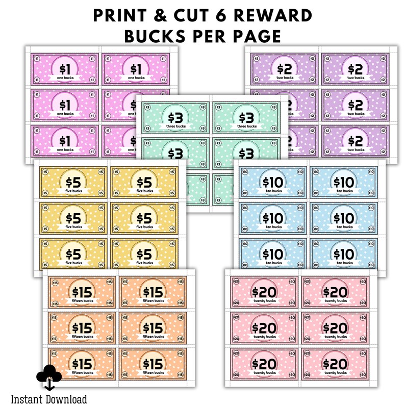 Printable Kids Reward Bucks: Chore Chart, Mom Money (fillable, Editable ...