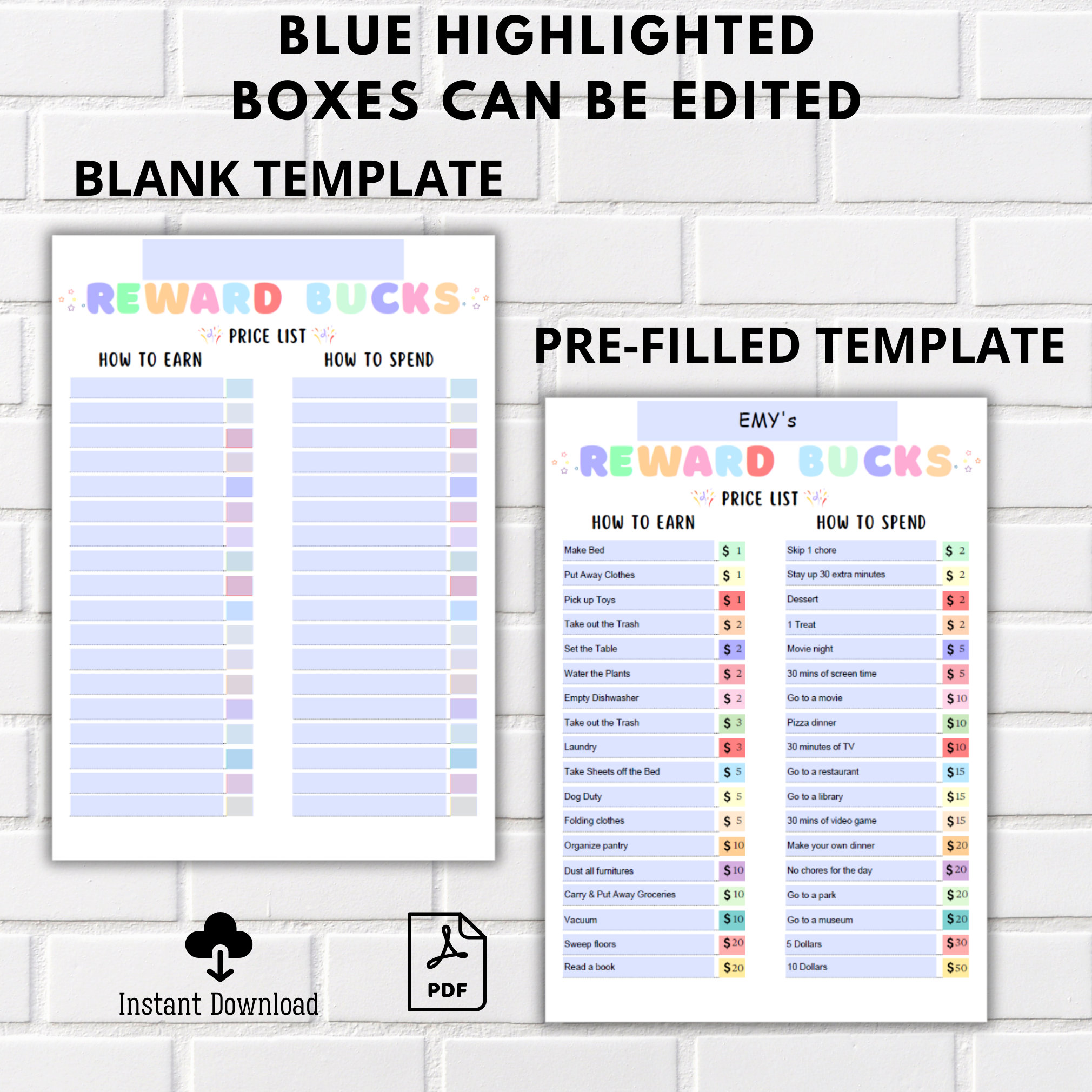 Printable Kids Reward Bucks: Chore Chart, Mom Money (fillable, Editable ...