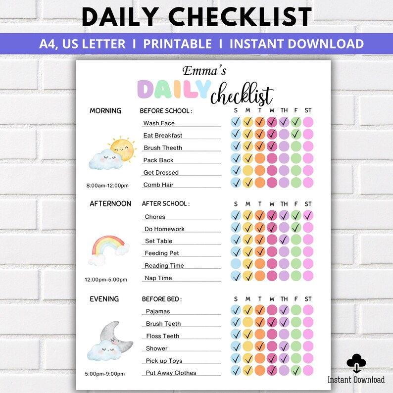 Kids Daily School Checklist, Responsibility Chart, to Do List, Editable ...