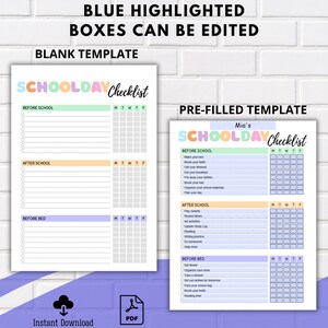 Editable Kids School Day Checklist: Routine Chart (digital Download) - Etsy