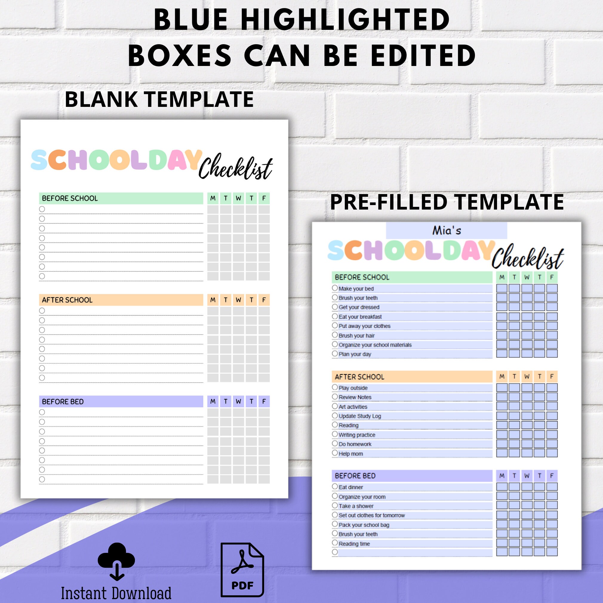 Editable Kids School Day Checklist: Routine Chart (digital Download) - Etsy