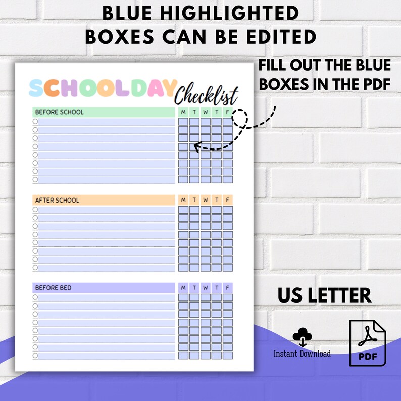 Editable Kids School Day Checklist: Routine Chart (digital Download) - Etsy