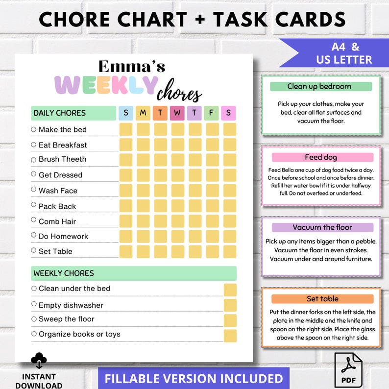 Kids Chore Chart, Chore Instruction Cards, Chore Chart for Kids ...