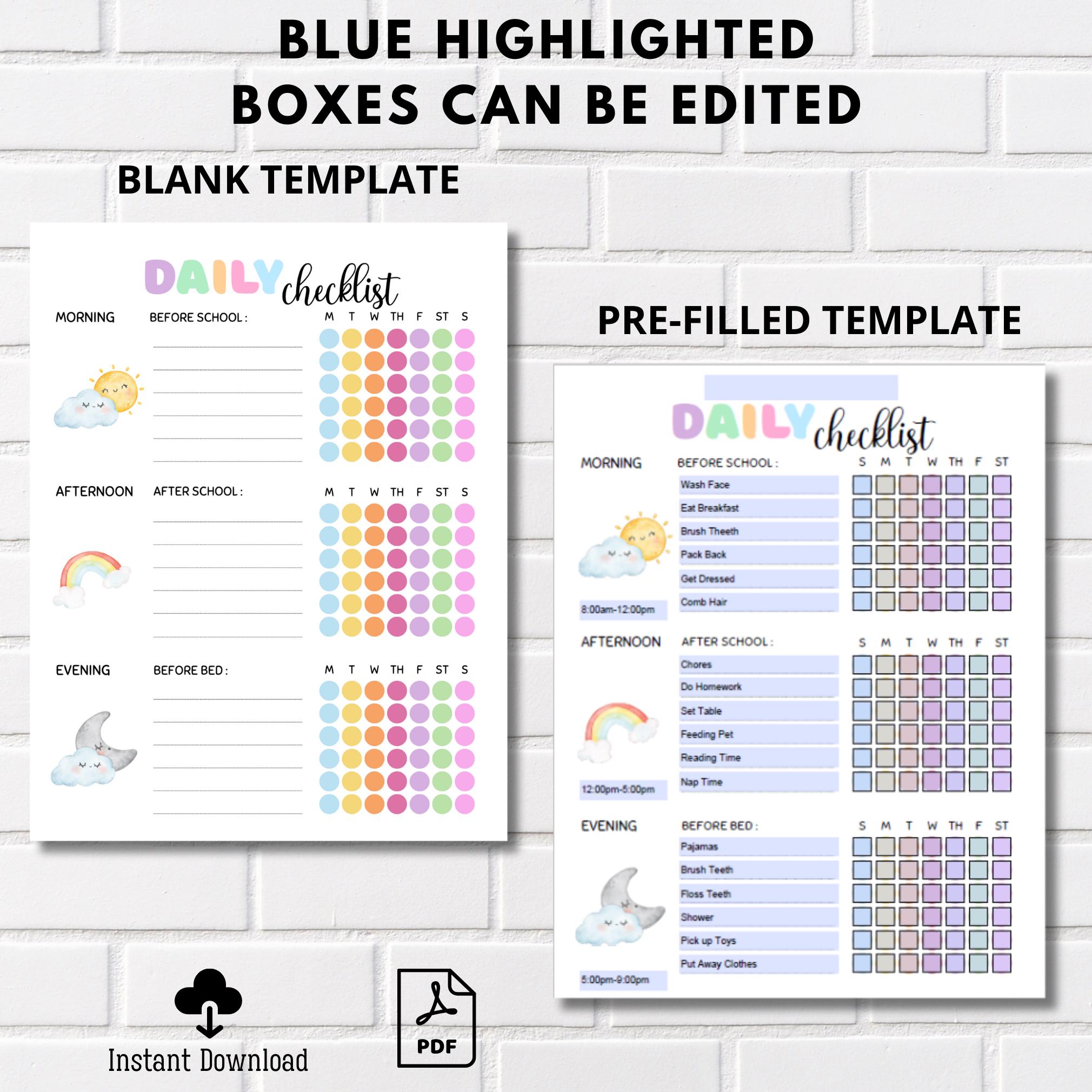 Kids Daily Checklist: Editable Routine Chart (printable PDF) - Etsy