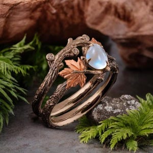 Vintage Tree Branch Maple Leaf Ring for Women Faux Moonstone Statement ...