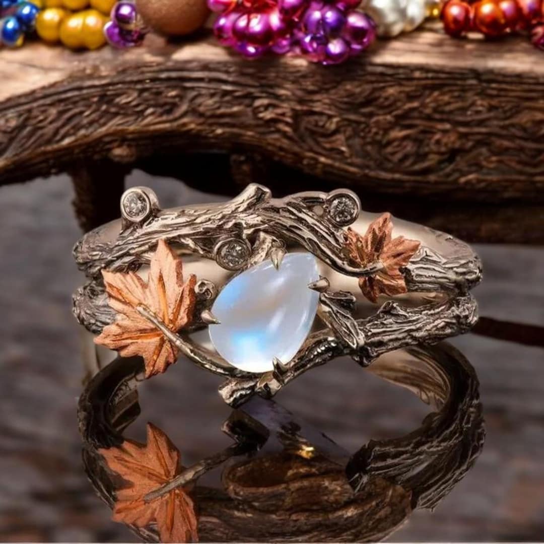 Vintage Tree Branch Maple Leaf Ring for Women Faux Moonstone Statement ...