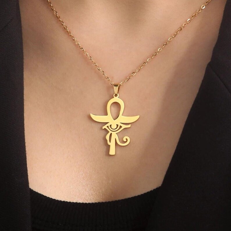 Eye of Horus Necklace Ankh Cross Pendant Egyptian Stainless Steel ...