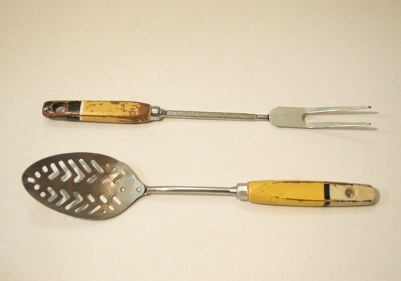 Items similar to Vintage WOOD handle meat fork and strainer spoon on Etsy