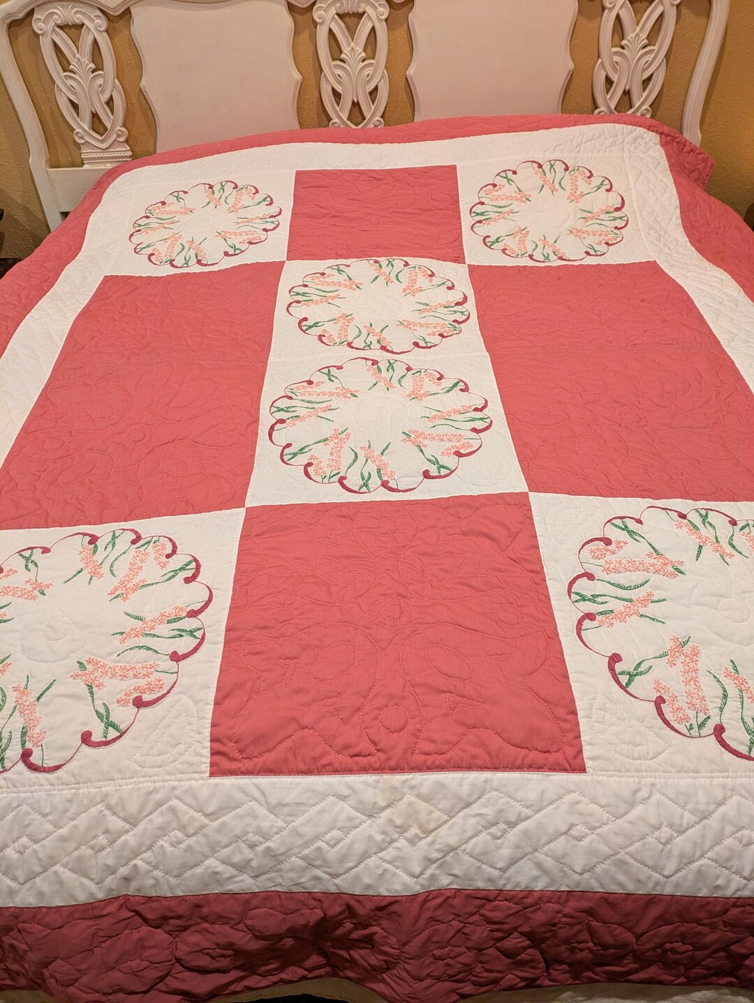 Gorgeous Vintage Handmade Mauve and White Floral Embroidery Block Quilt ...