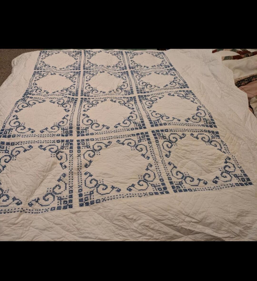 Antique Handmade Blue Work Embroidery Quilt. Hand Quilted and ...