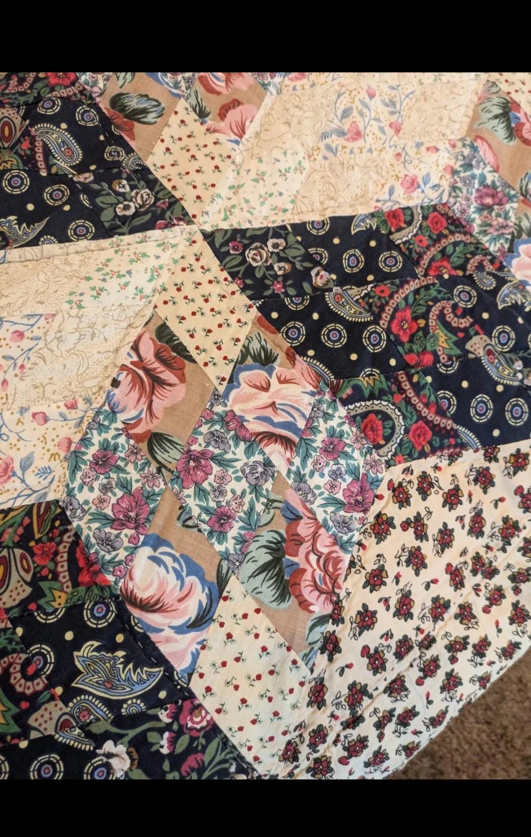 Vintage Homemade Floral Tumbling Blocks Patchwork Patten Quilt Full ...
