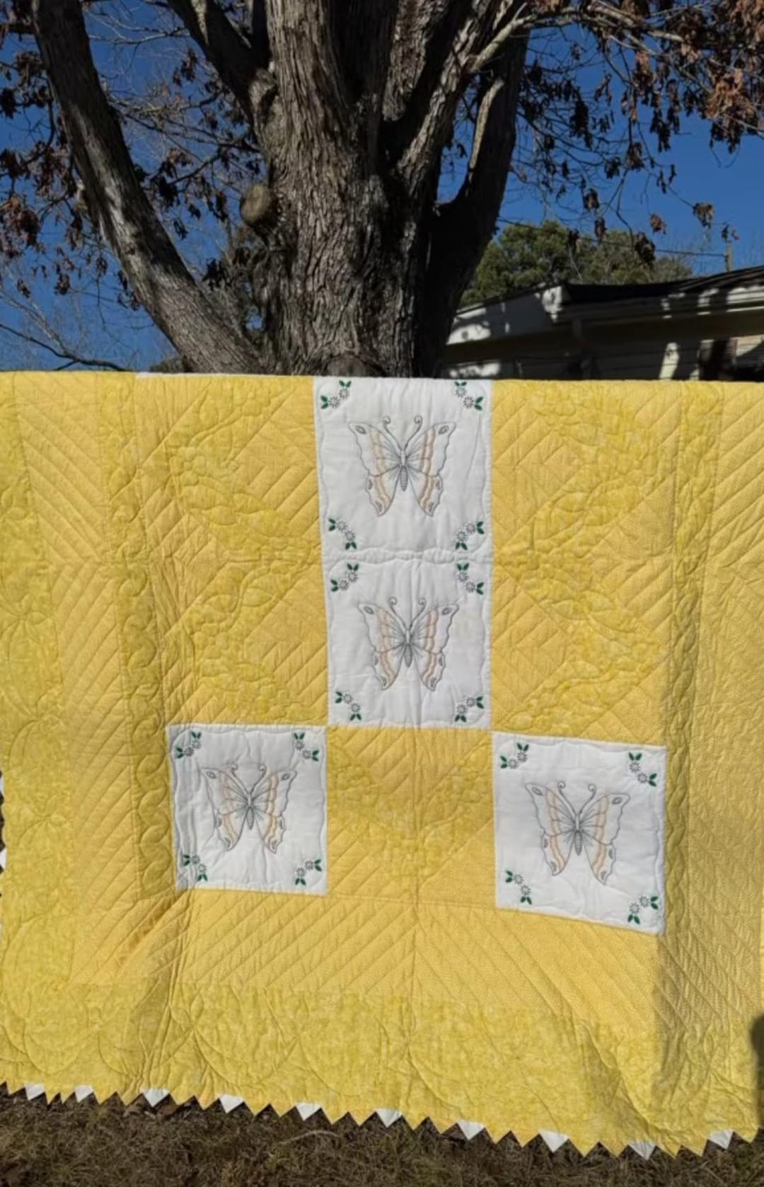 Yellow Butterfly Embroidery Block Quilt Queen Size Handquilted -NEW- - Etsy