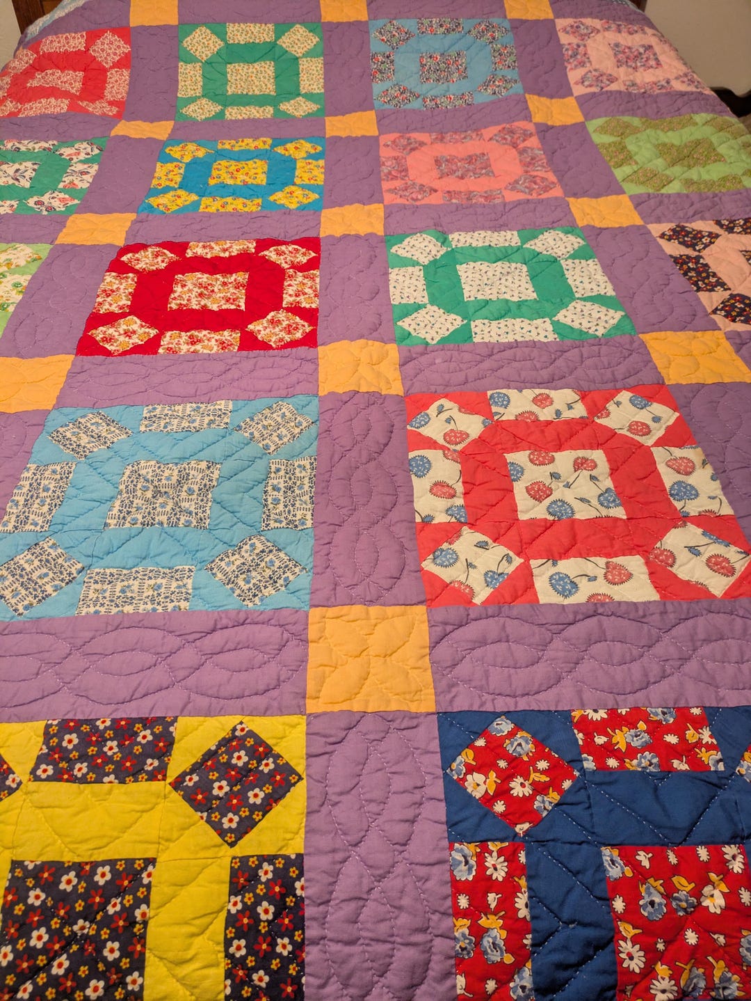 Antique Handmade Geo Gem Block Patchwork Quilt. Hand Pieced and Quilted ...