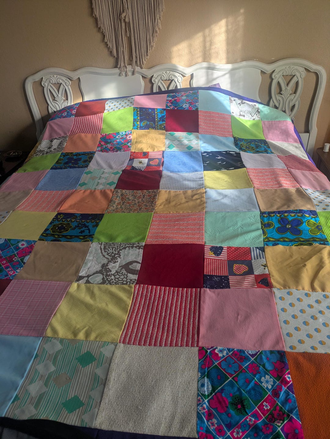 Cutter or Fixer Upper. Vintage Double Knit Large Block Patchwork Quilt ...