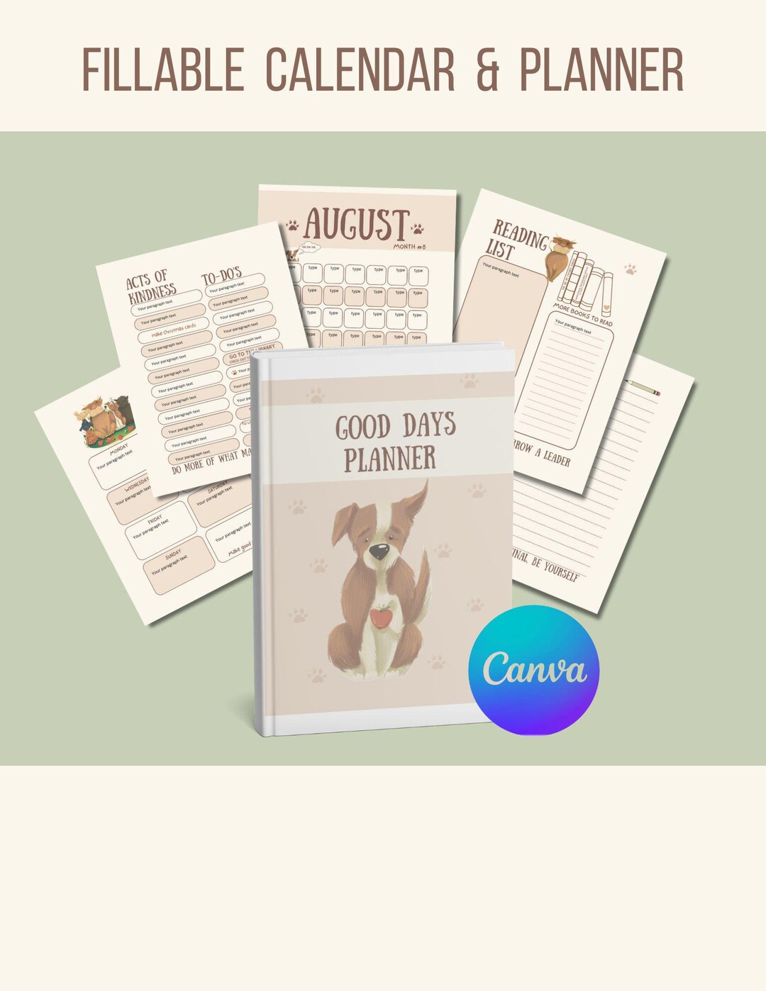 Dog Theme Fillable Monthly Calendar – Kids Planner (canva Editable PDF ...