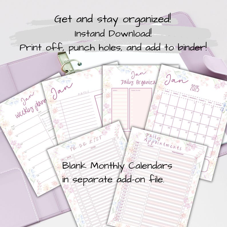 Printable 2025 Calendar Planner Digital Binder Floral Design Monthly ...