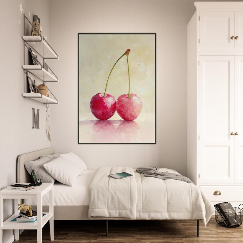 Cherry Wall Art Print – Minimalist Fruit Painting, Kitchen Decor, Pink ...
