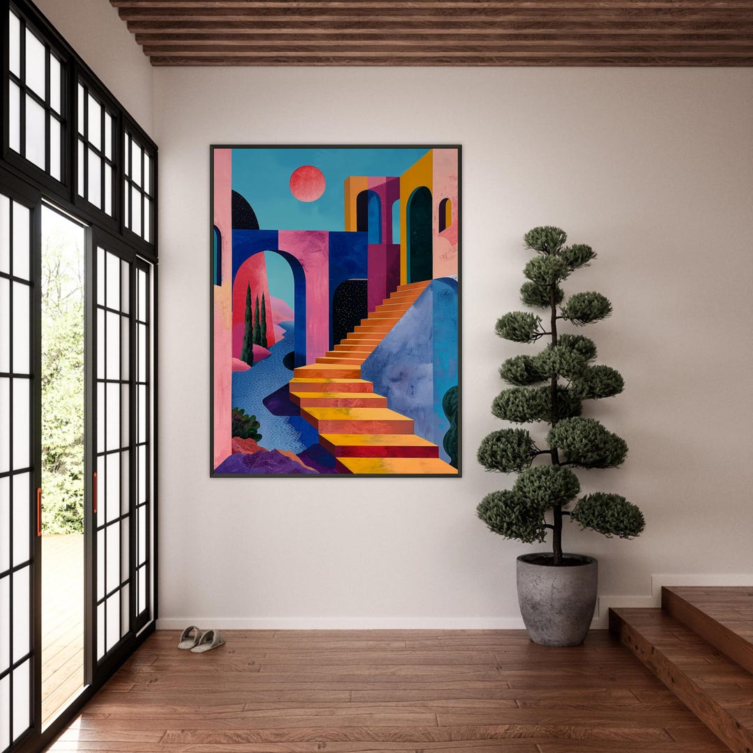 Colorful Mediterranean Dreamscape Art - Surreal Architectural Wall Art ...