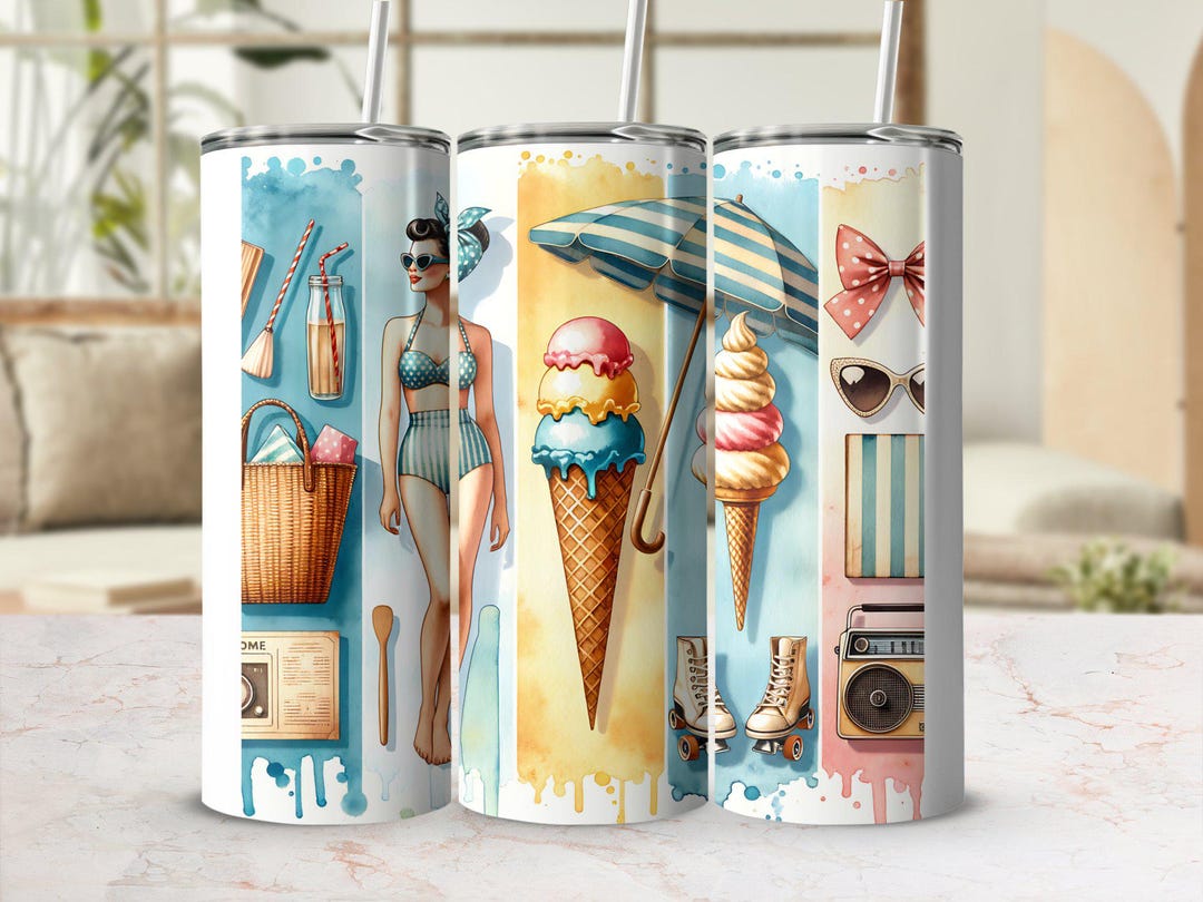 1950s Retro Ice Cream & Pin-up Watercolor Brushstroke PNG for 20oz ...