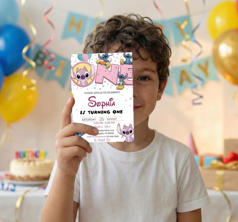 Stitch and Angel First Birthday Invitation | Pink ONE | Canva Template ...