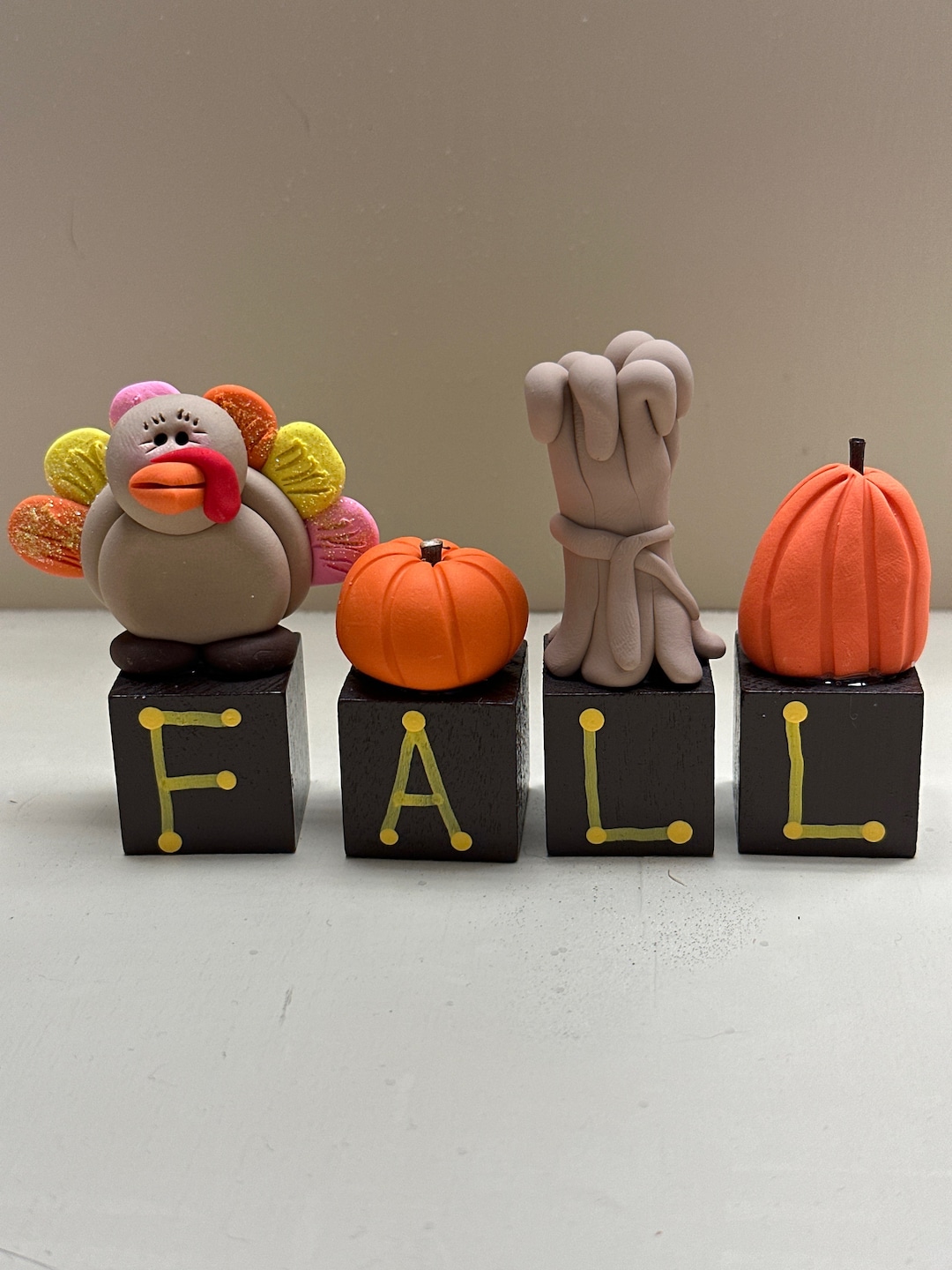 Fall Wooden Blocks: Polymer Clay Turkey, Pumpkin, and Wheat Decor - Etsy
