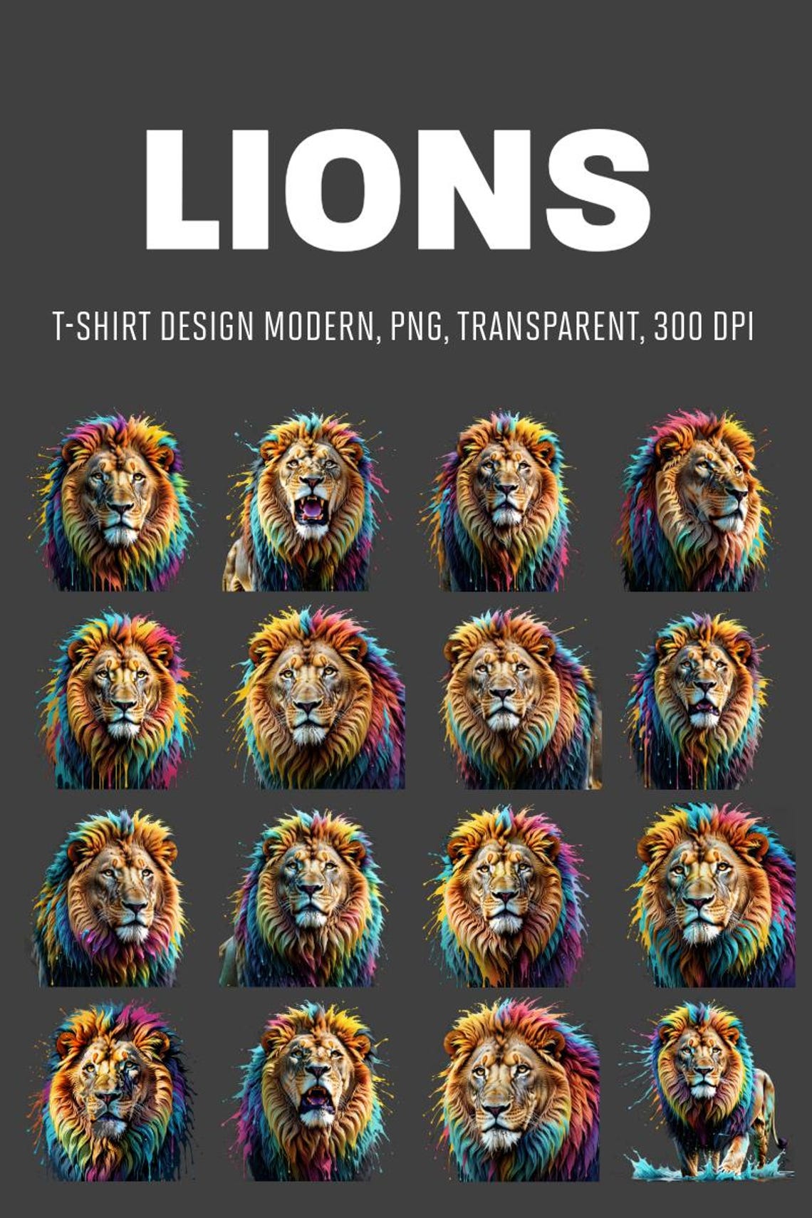 T-shirt Design Bundle, Colorful Lion T-shirt Designs, Lion Sublimation ...