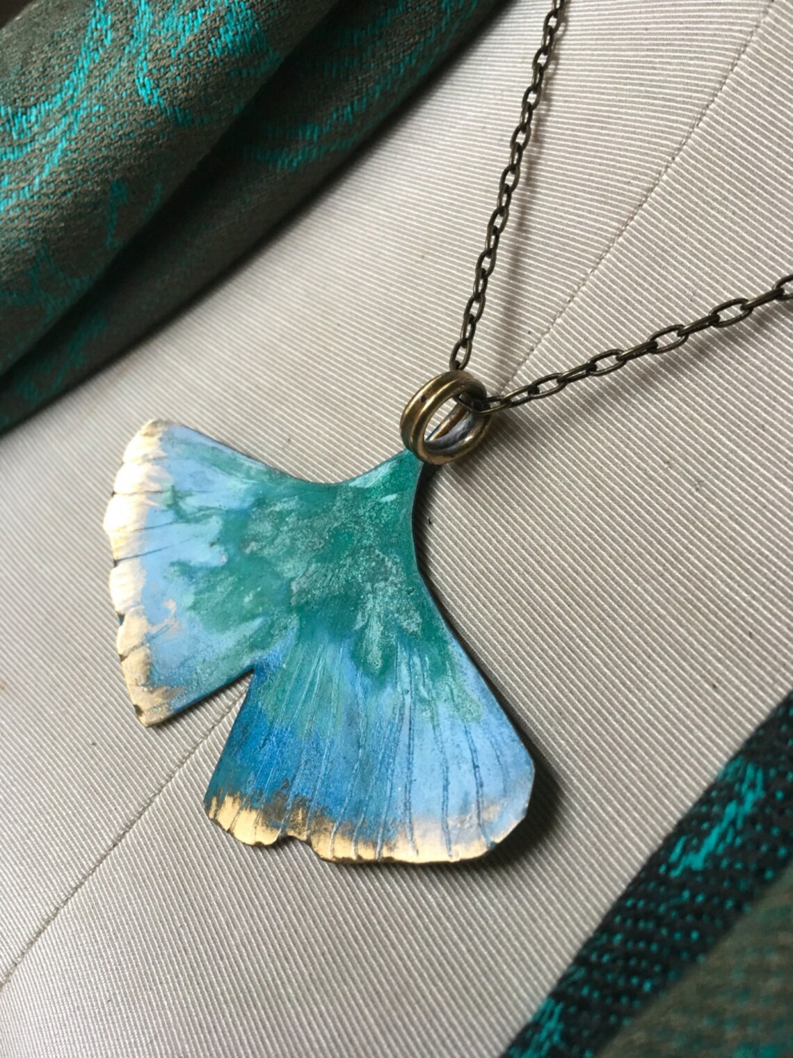Ginkgo Pendant Necklace, Ginkgo Necklace, Leaf Jewelry, Teal Leaf, Teal ...