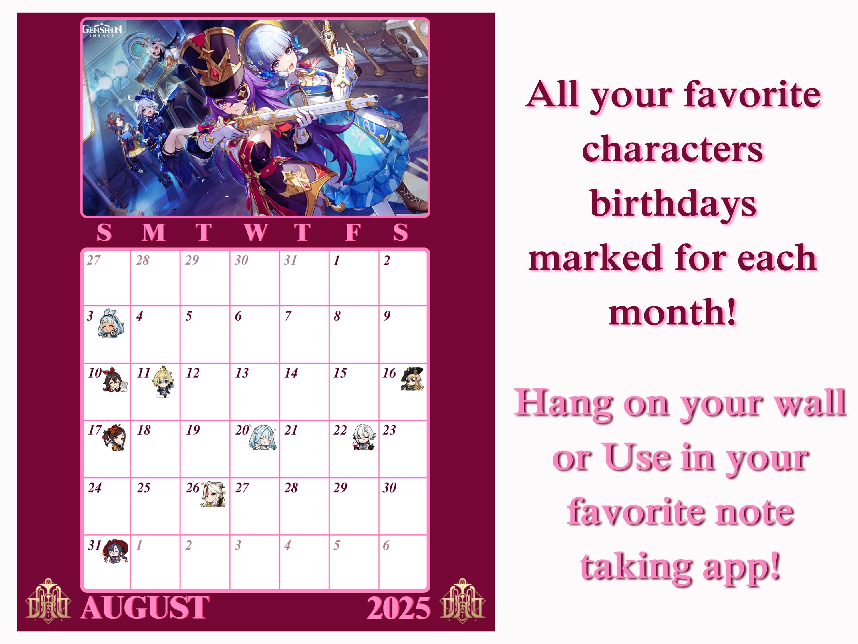 2025 Genshin Impact Calendar, Printable PDF & Digital Download, Anime ...