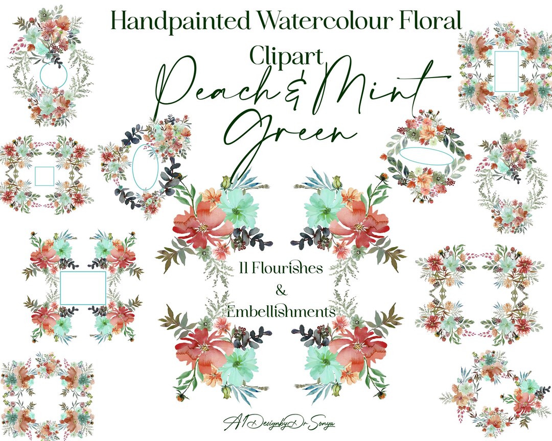 Watercolour Floral Clipart-peach and Mint Green Floral Collection-peach ...