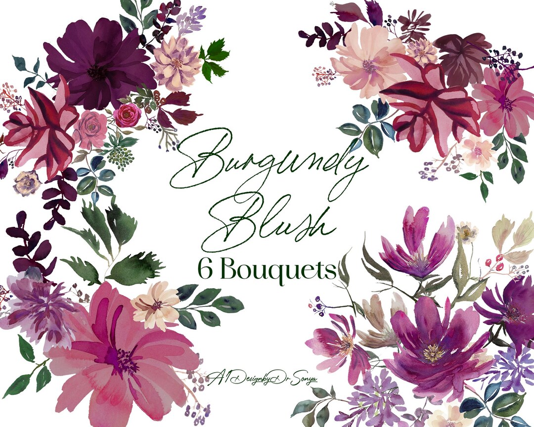 Watercolour Floral Clipart Burgundy Blush Floral Collection Wine and ...