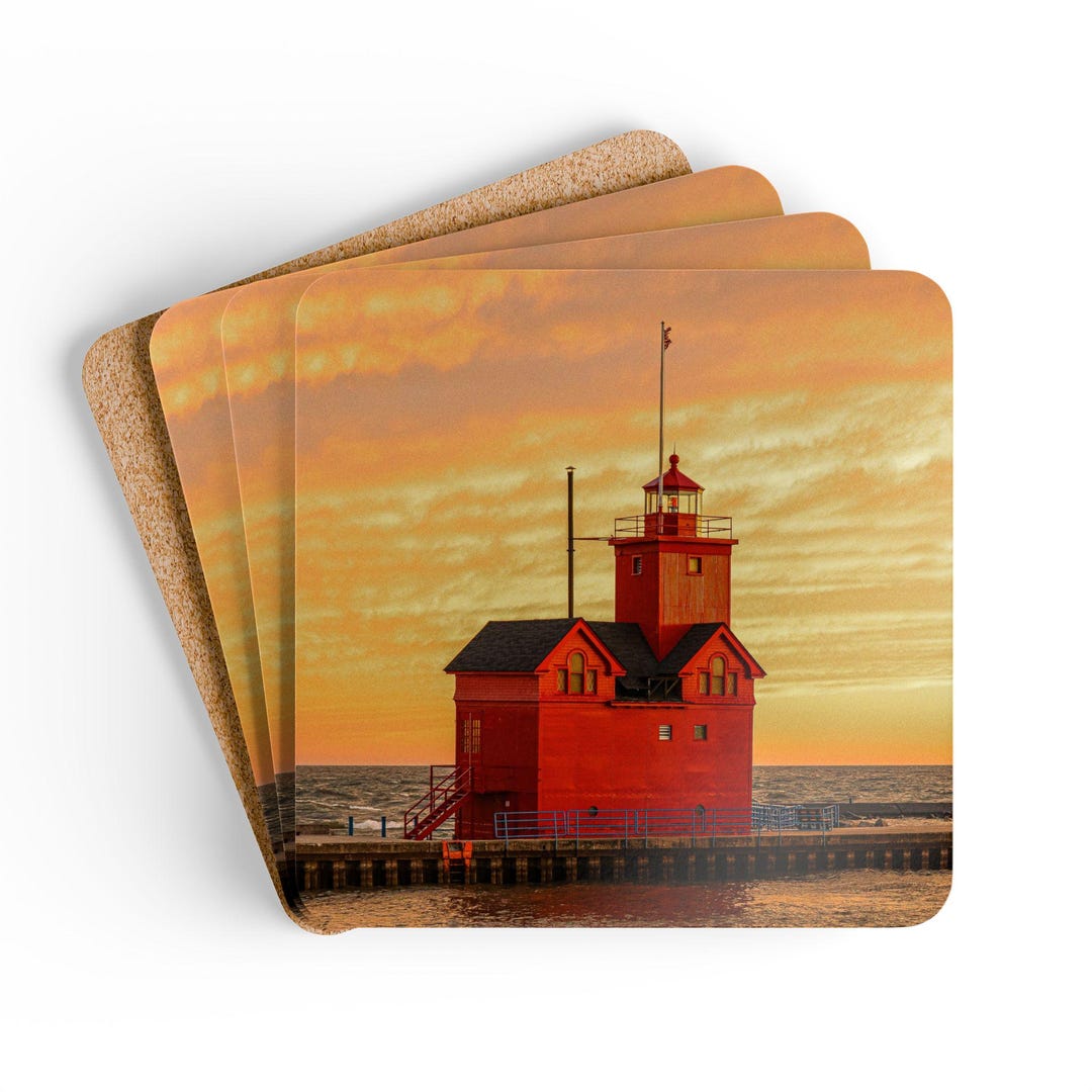 Big Red Lighthouse Sunset Coaster Set: Coastal Wood Drink Coasters | 4 ...