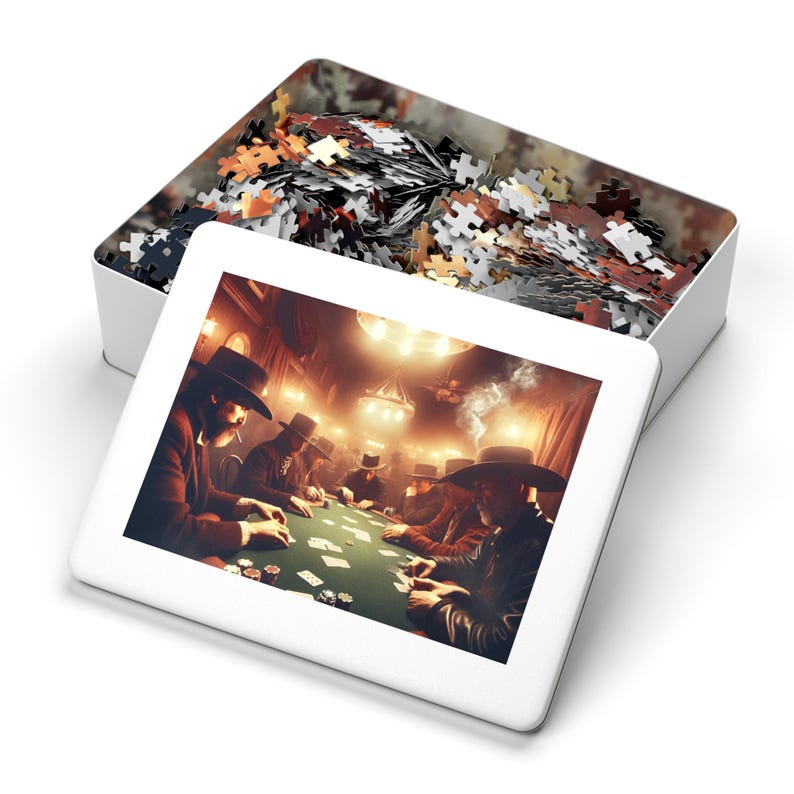 Jigsaw Puzzle: Wild West Saloon Cowboy Poker Game, 1000 Pieces, Tin Box ...