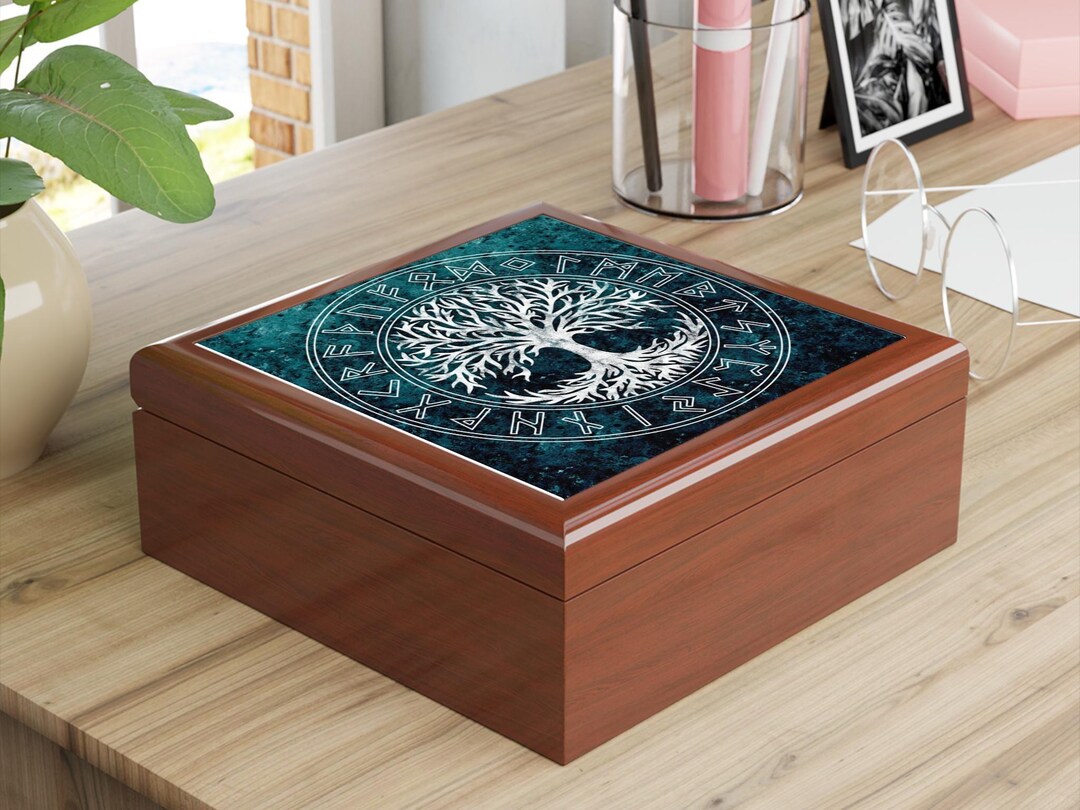 YGGDRASIL Tree of Life Jewelry Box: Rubberwood Nordic Storage Chest ...