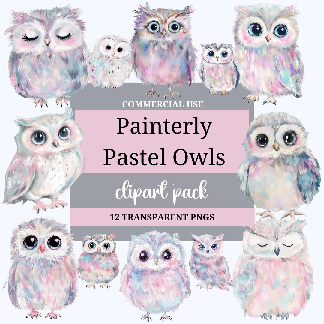 12 Pastel Owls Clipart, Painterly Owls Clipart Pack, Whimsical Owls ...