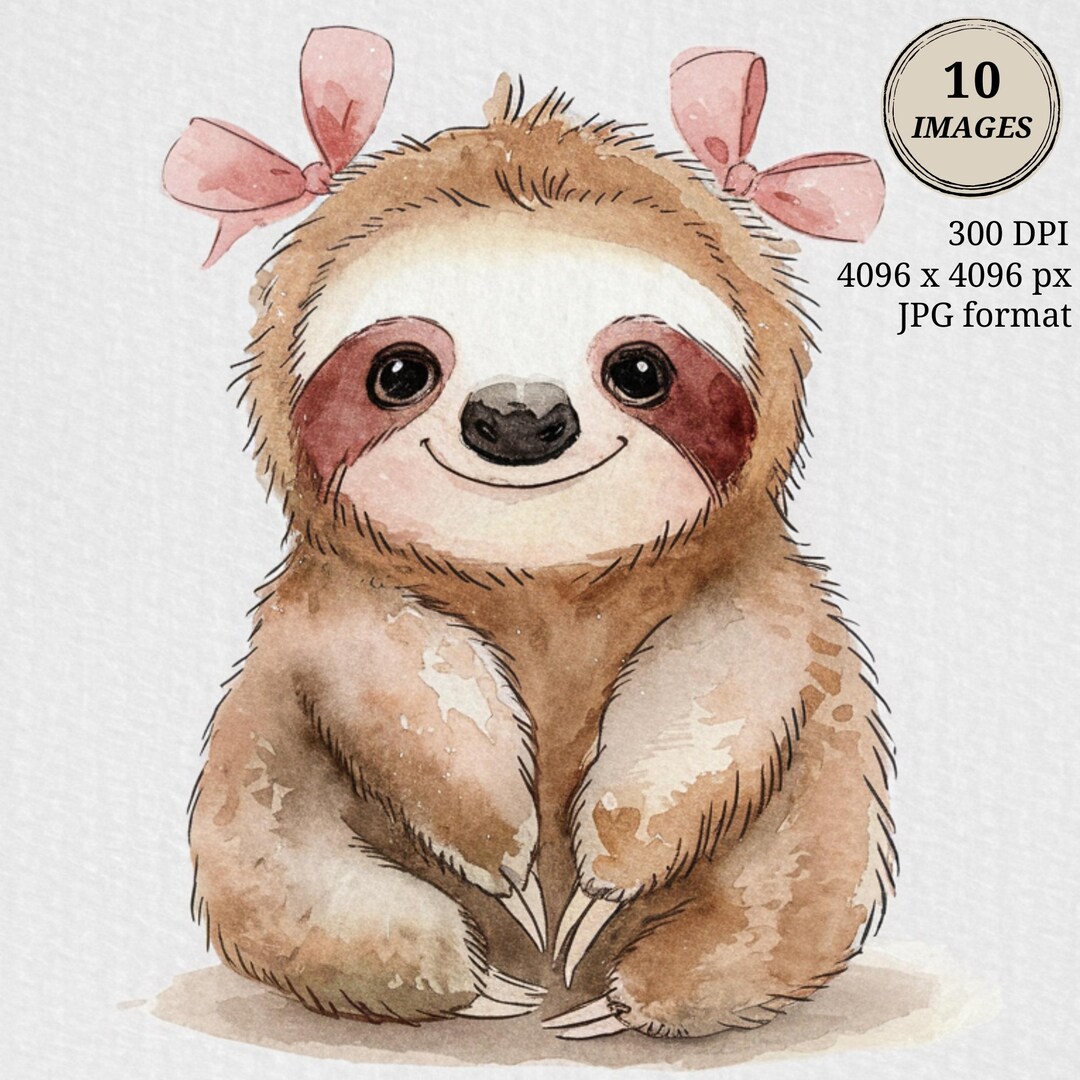 Sloths With Bows JPG Clipart, Watercolor Sloth Art Images, 10 Adorable ...