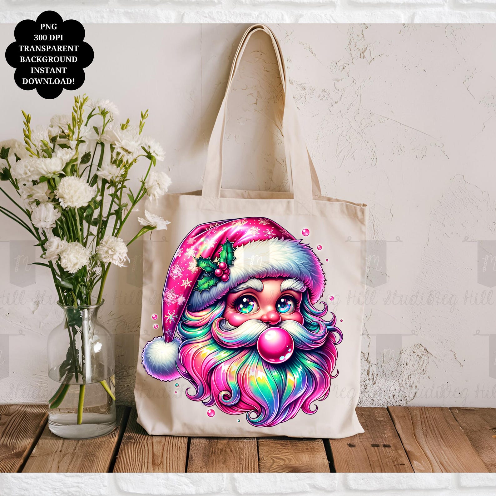 Cute Iridescent Santa Blowing Bubble PNG Groovy Santa Pink Clipart ...