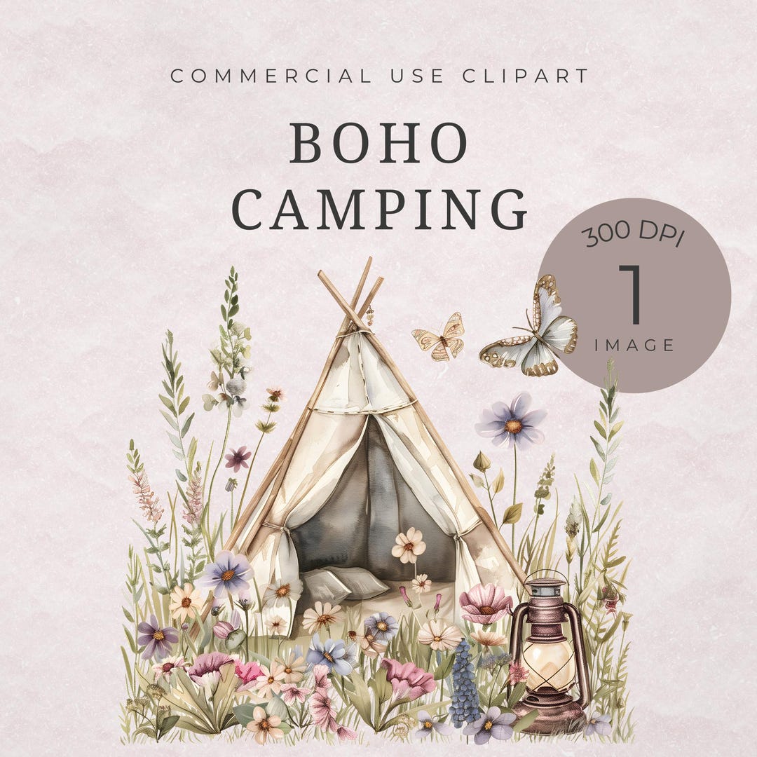 Boho Camping Clipart PNG, Watercolor Tent and Wildflowers, Rustic ...