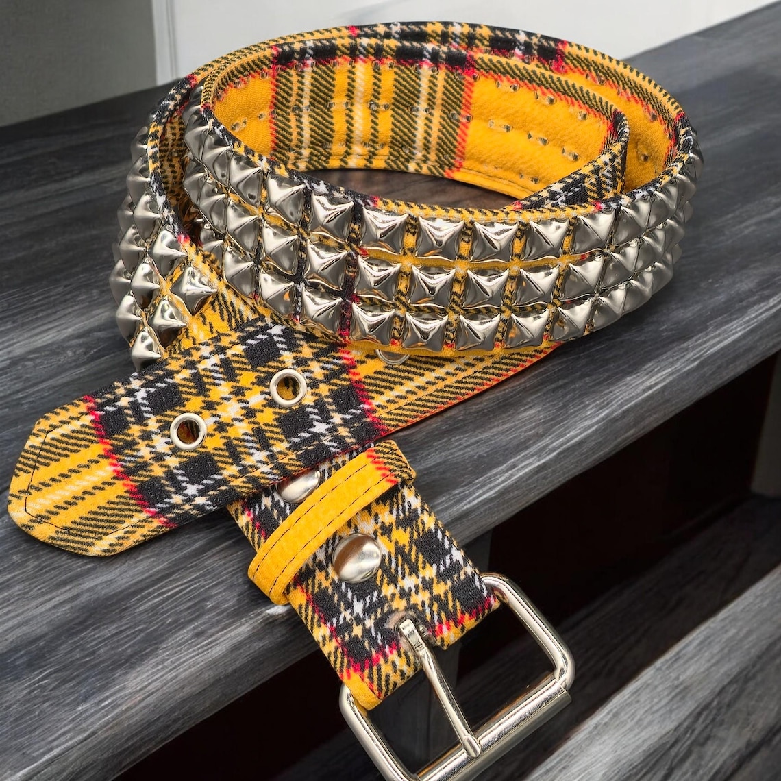 Yellow British Punk Plaid Pyramid Studded Belt: Punk Rock Roller Buckle ...