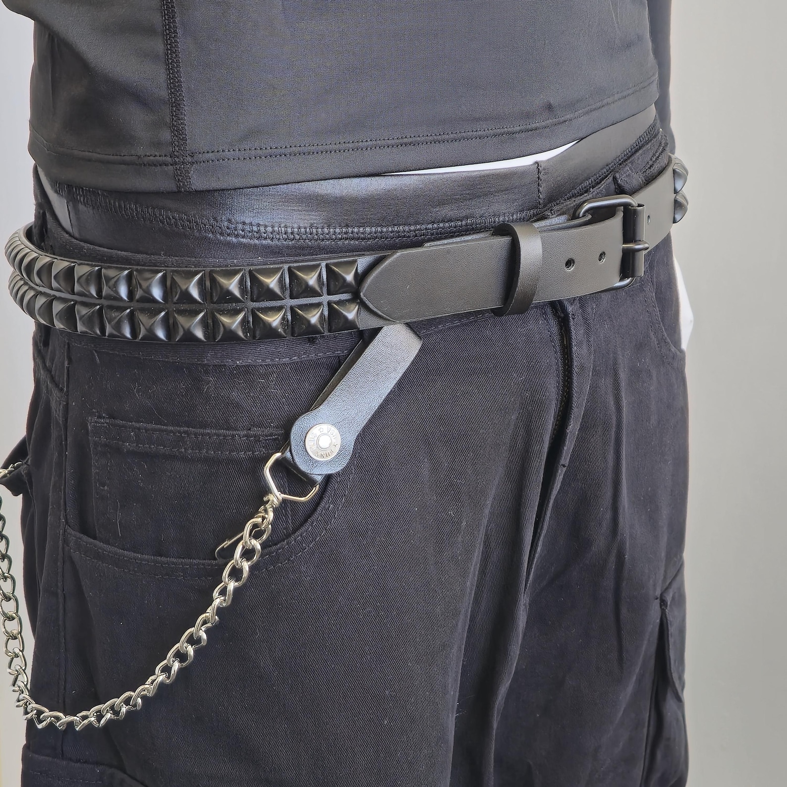 Two Row Black Pyramid Studded UK Punk Rock Genuine Leather Belt Snap ...