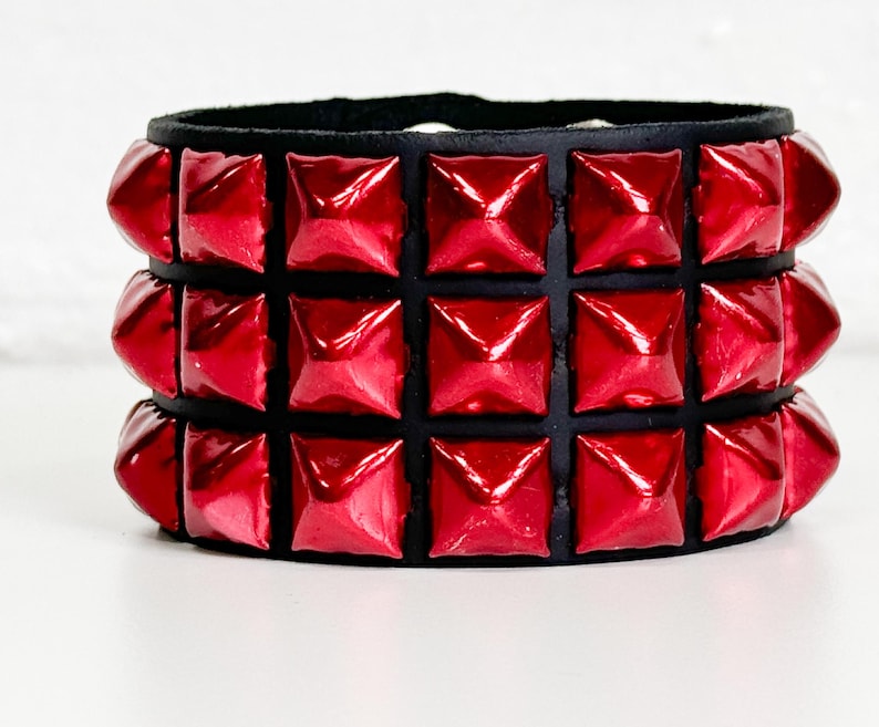Three Row Red 1/2" Large Pyramid Studded Cuff Buckle Punk Rock Goth ...