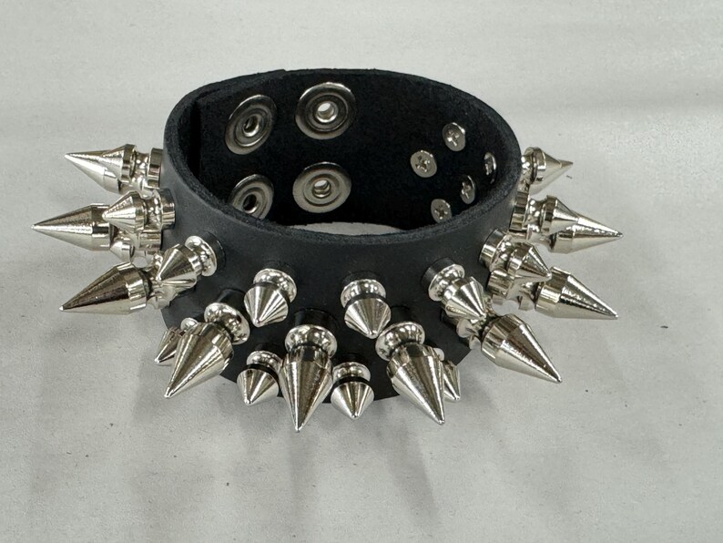 Three Row 1 and 1/2 Spike Genuine Leather Cuff Buckle Punk Rock Goth ...