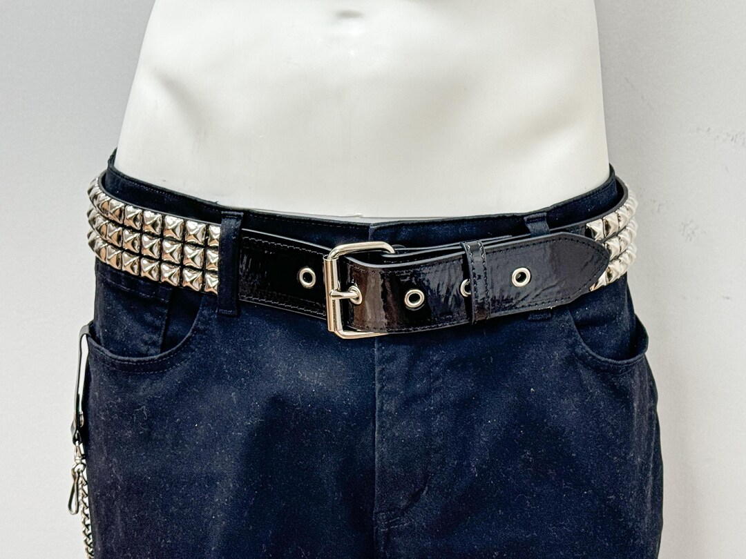 Glozzy Black Three Row Pyramid Studded Belt Vegan Leather Carpenters Punk Goth Belt Edge ...