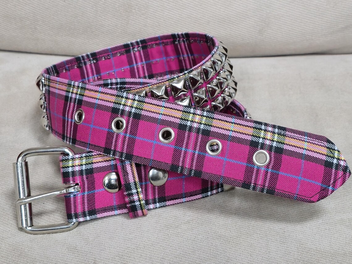 Pink British Punk Plaid Pyramid Studded Belt: Punk Rock Roller Buckle ...