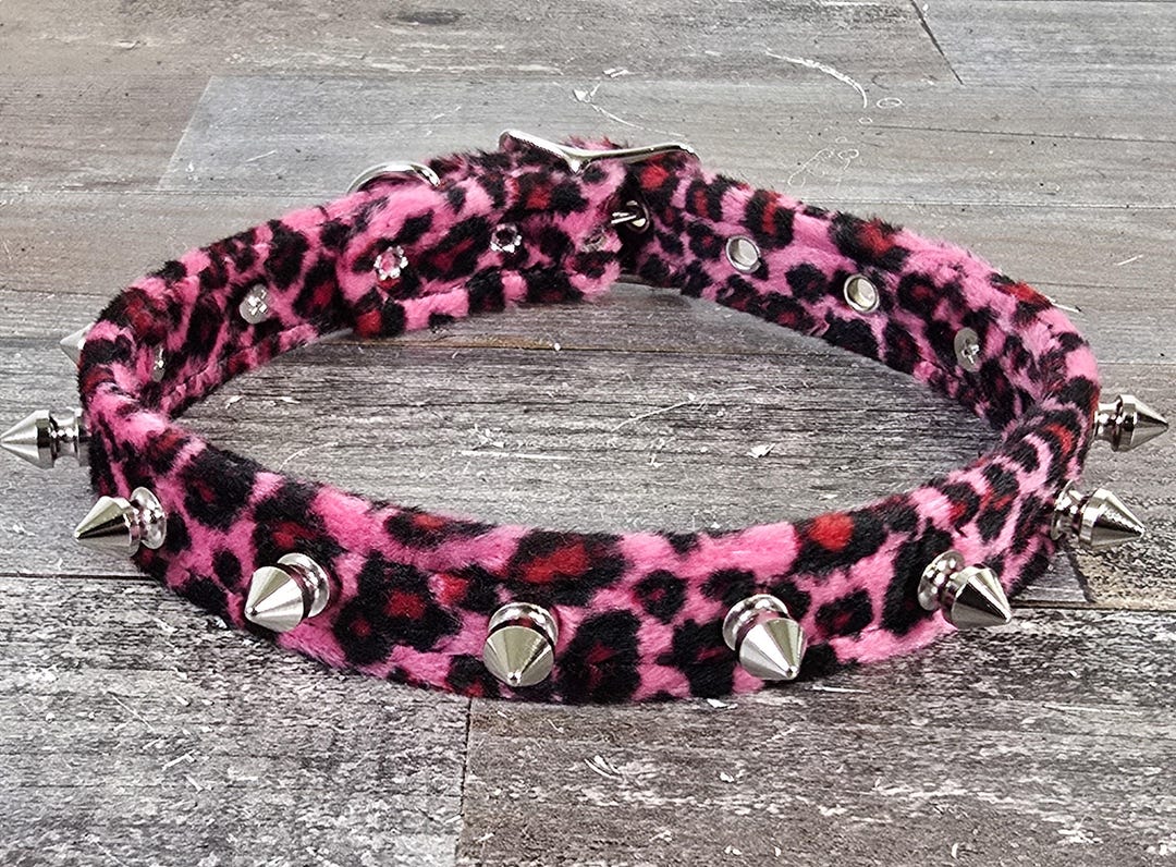 Spike Collar Semi Furry Leopard Fuzzy Fabric Bonded Leather Animal ...